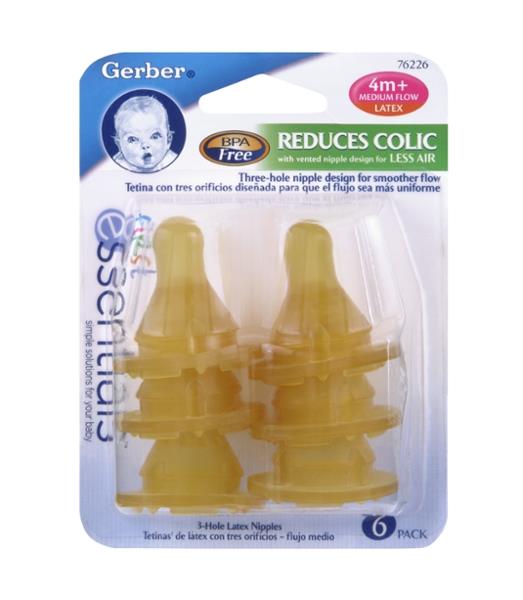 Gerber First Essentials, Medium Flow, 3-Hole Latex Nipples, 4M+ - 6Ct ...